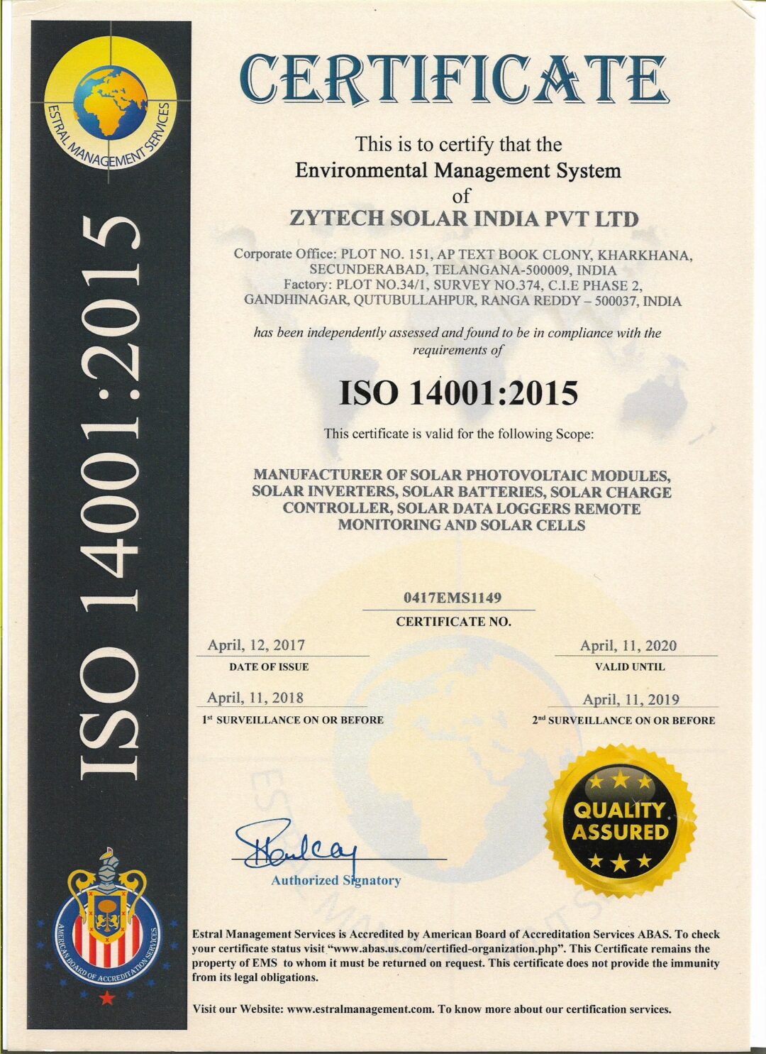Certificate – Zytech Solar